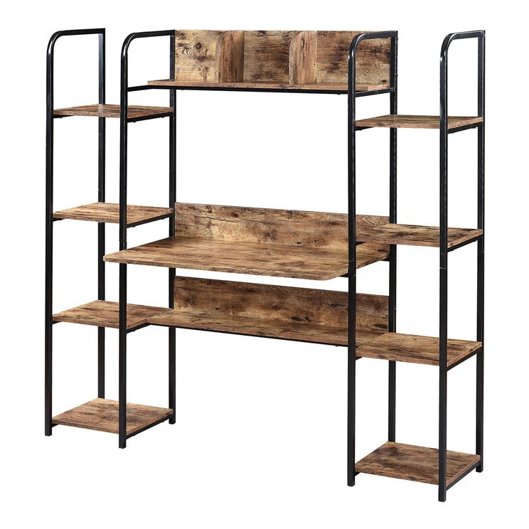 Office Computer Desk With Storage Hutch and Double Bookcase (Tiger ...